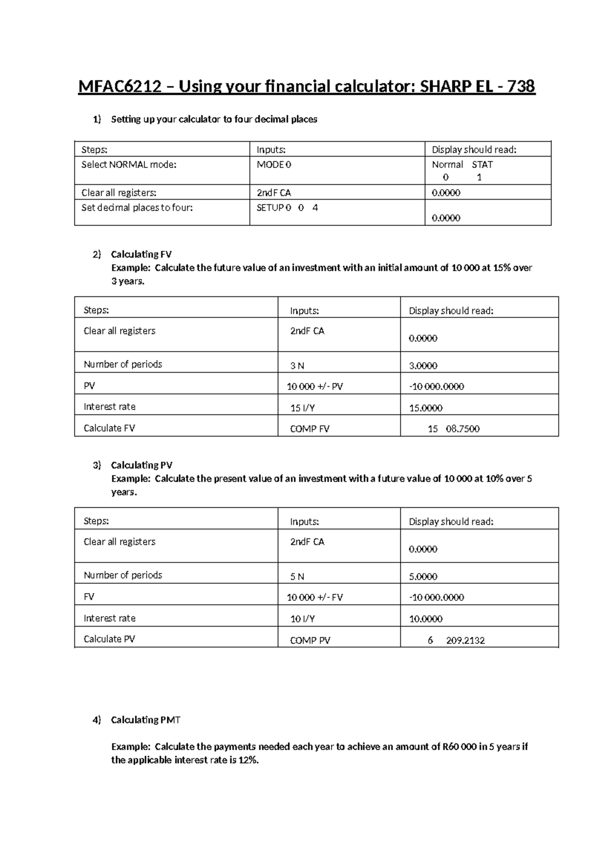 MFAC6212 Calculator Steps for SHARP EL 738 Financial Functions - Studocu