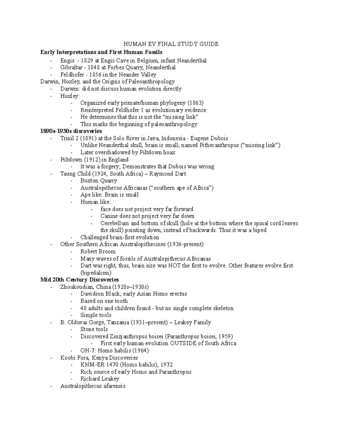 HUMAN EV Final Study Guide: Early Fossils & Paleoanthropology Insights ...