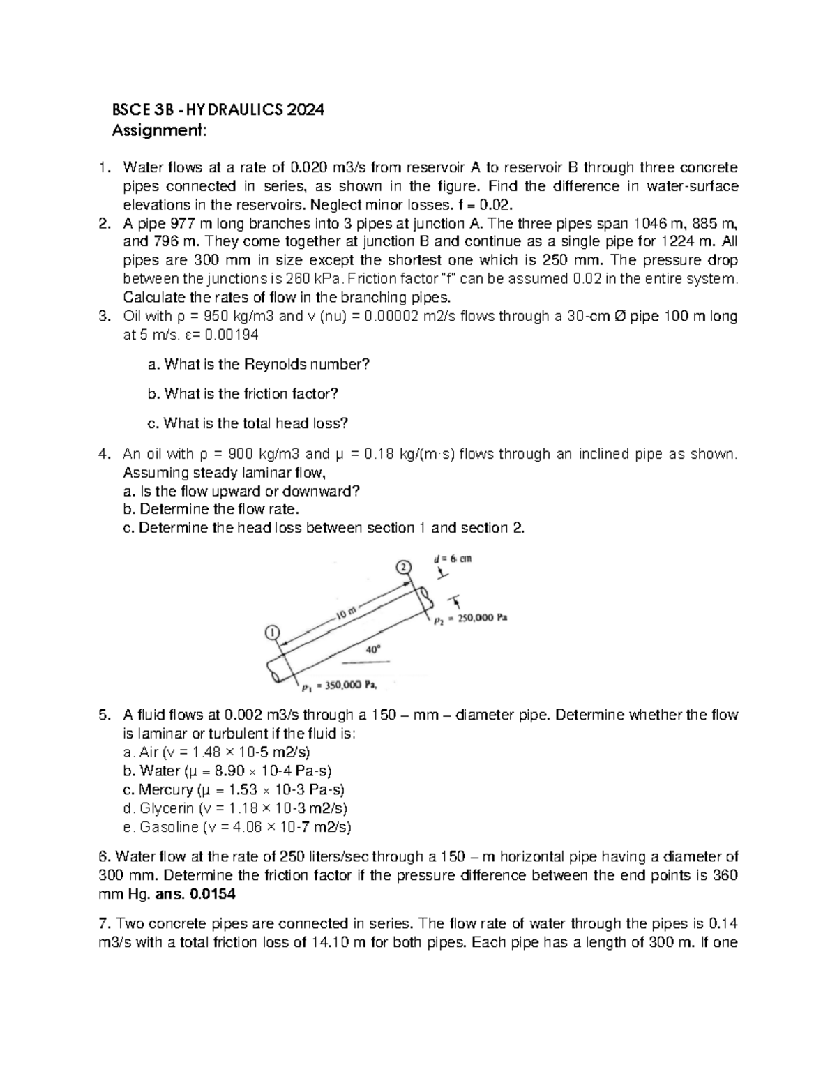 Assignment BSCE 3B: Fluid Flow in Pipes Calculations - Hydraulics 2024 ...