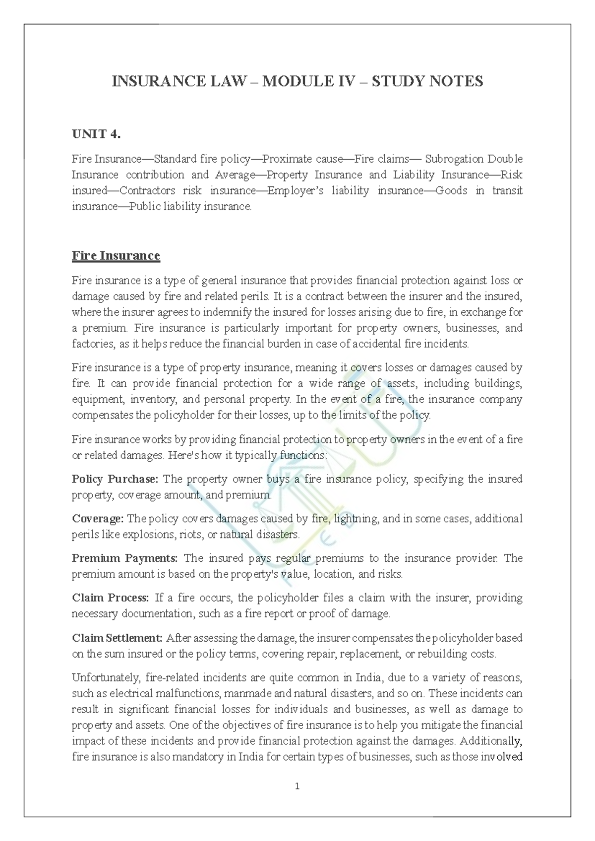 INSURANCE LAW MODULE IV STUDY NOTES: Fire & Liability Coverage Insights ...