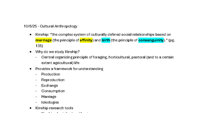 Cultural Anthropology: Kinship, Marriage, and Social Structures Notes ...