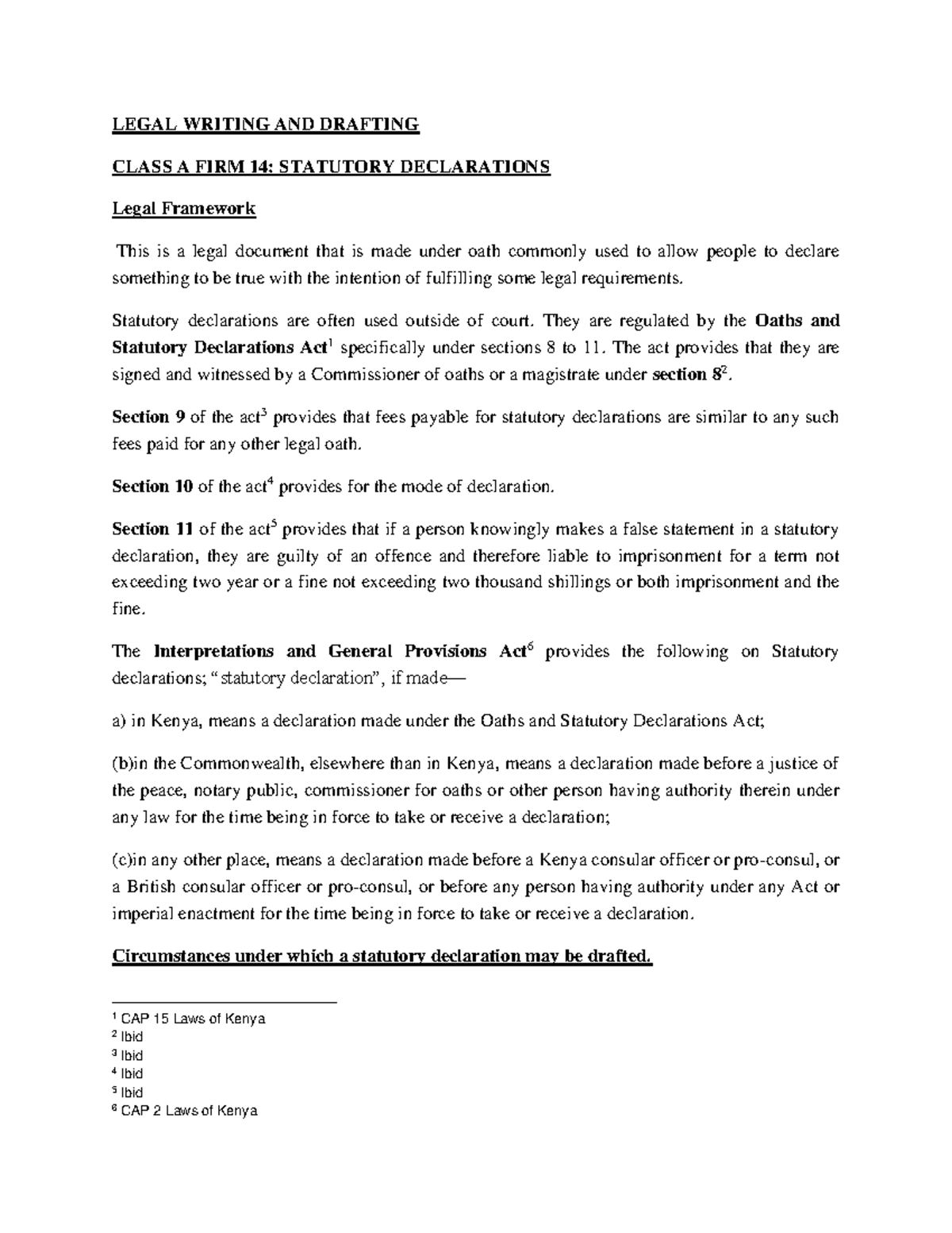 Legal Writing & Drafting Class A: Statutory Declarations Overview - Studocu