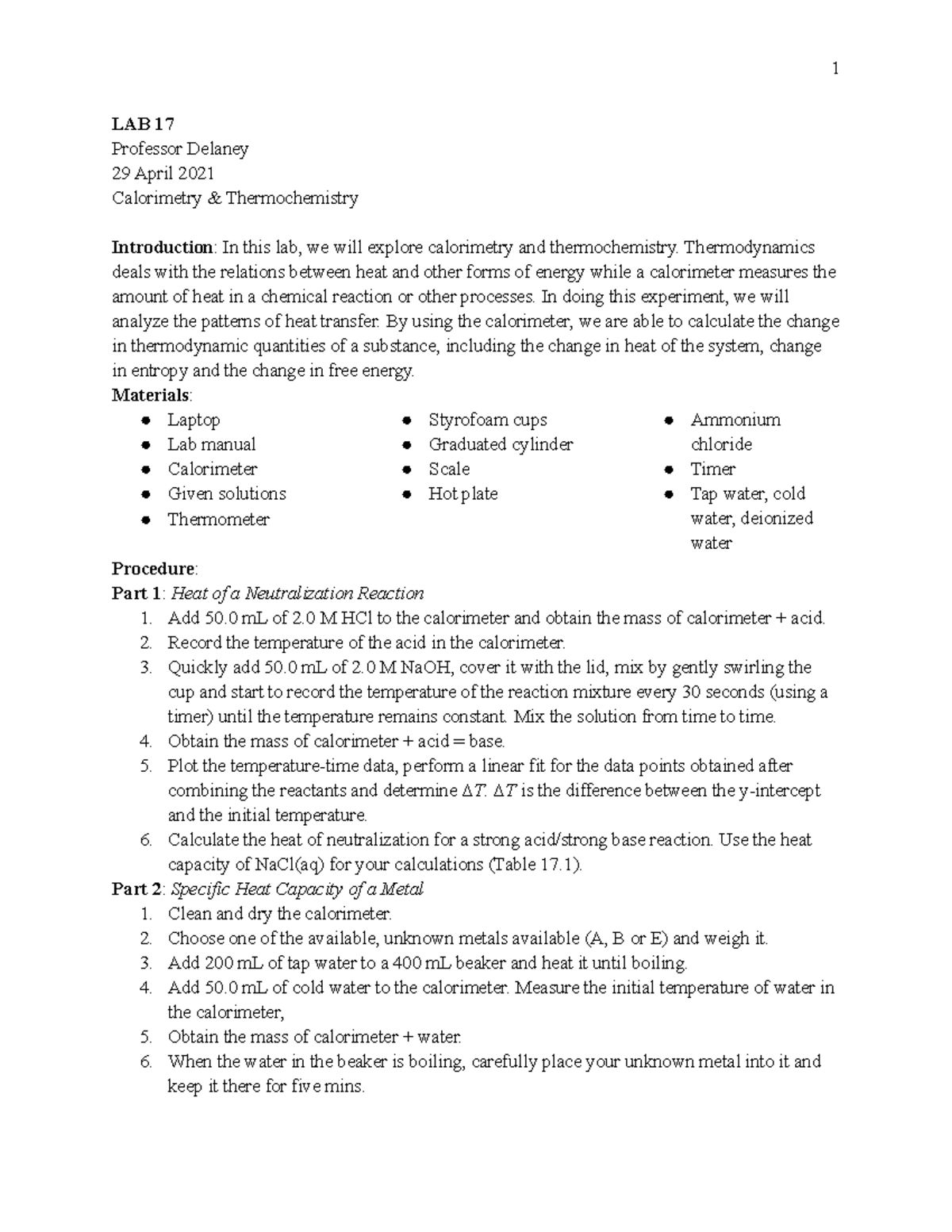 CHEM 106-06 LAB 17 - Report on Calorimetry & Thermochemistry - Studocu