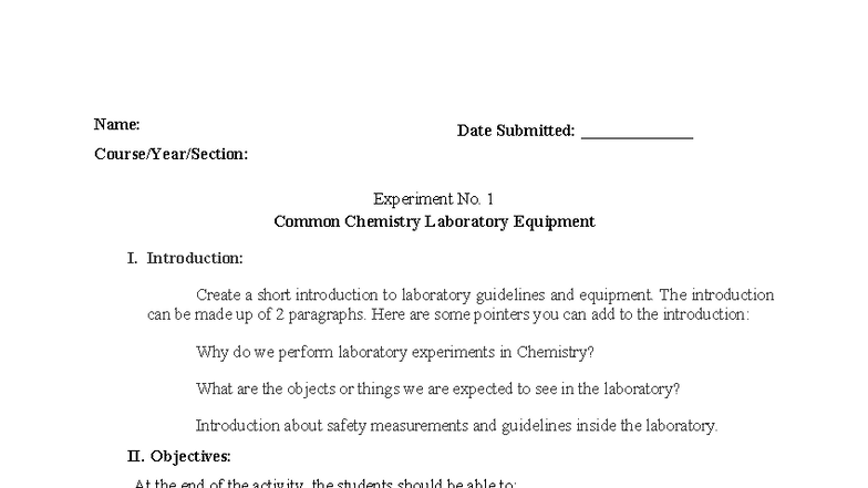 Experiment No. 1: Common Chemistry Lab Equipment & Safety Guidelines ...