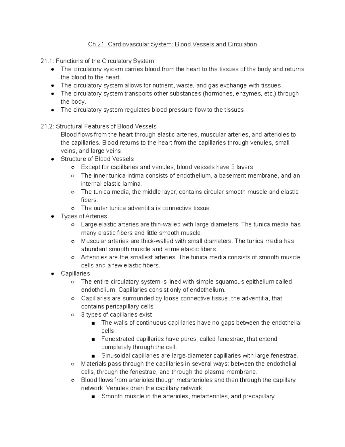 Ch.21 HW Notes - Cardiovascular System: Blood Vessels Overview - Studocu
