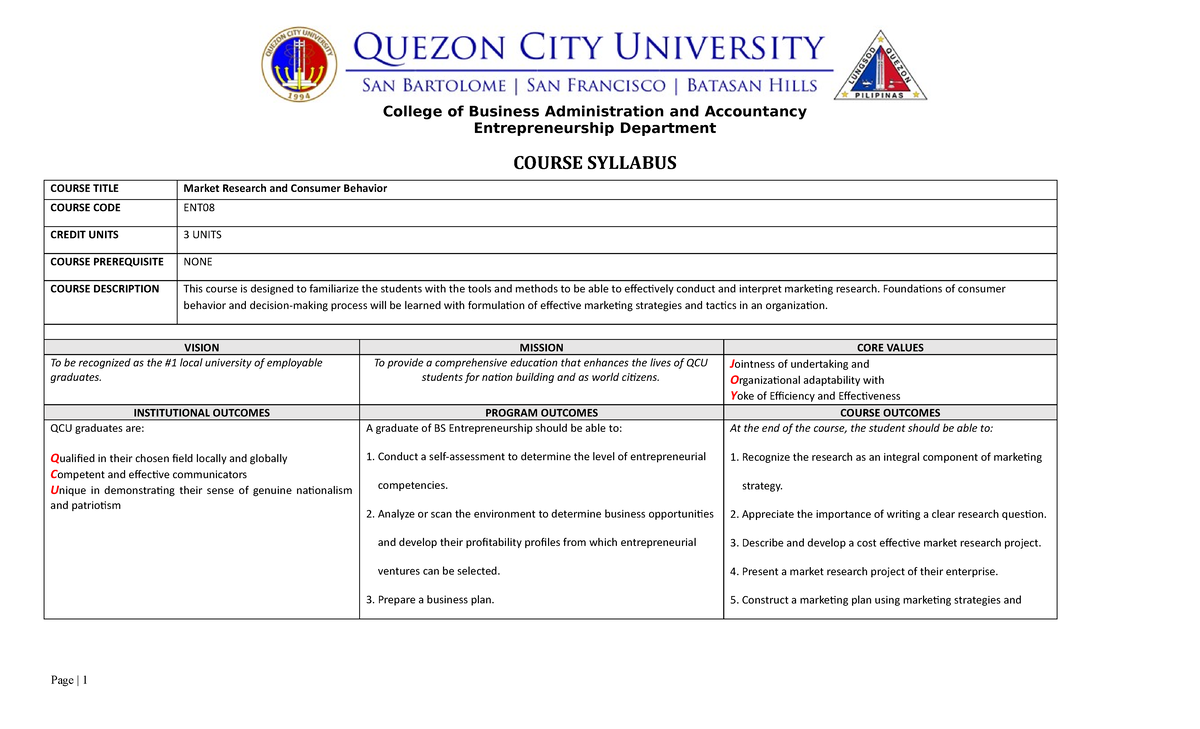 Market Research and Consumer Behavior Syllabus - ENT 2022 Revision ...