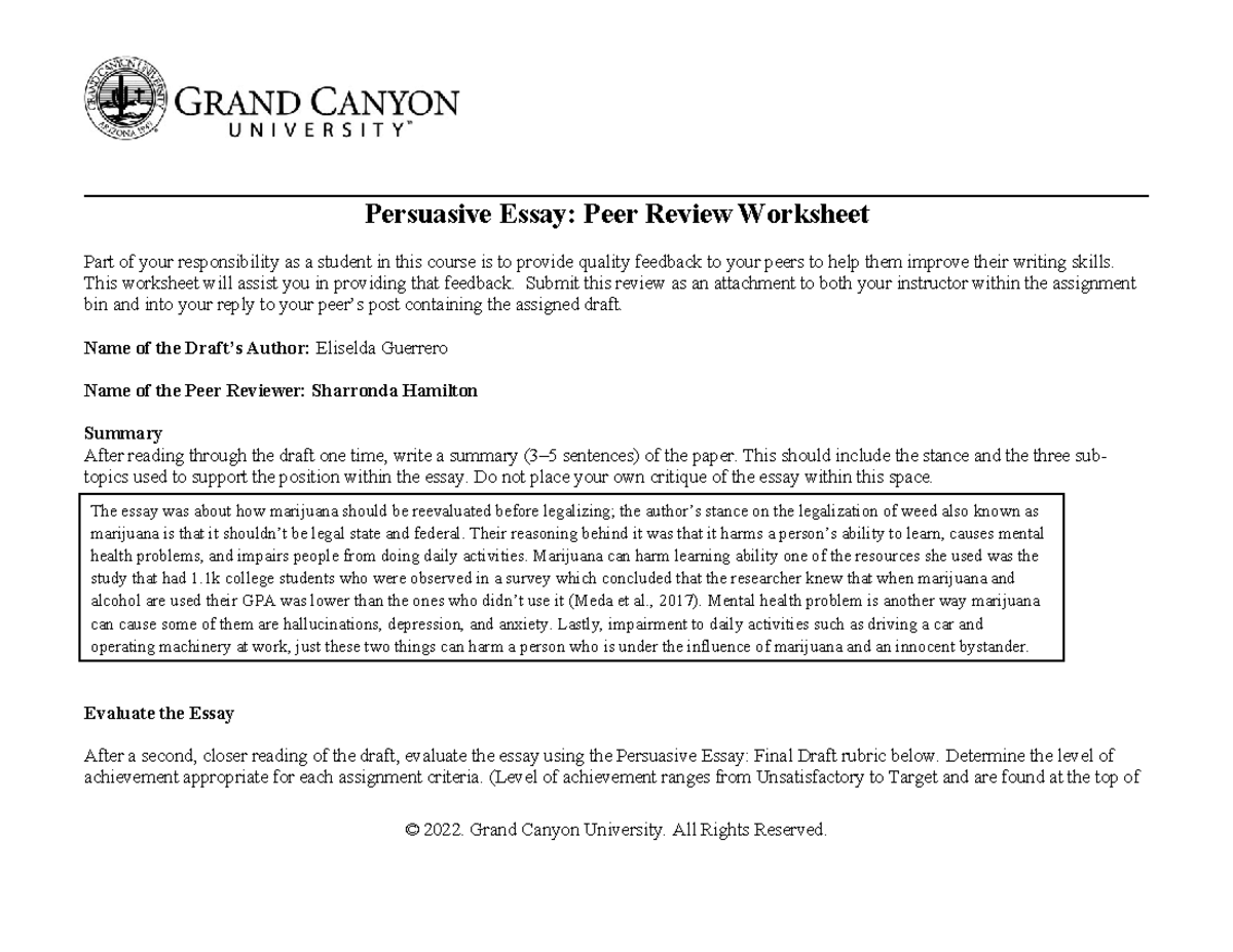 T-6 Peer Review Worksheet PHI105 - Persuasive Essay: Peer Review ...