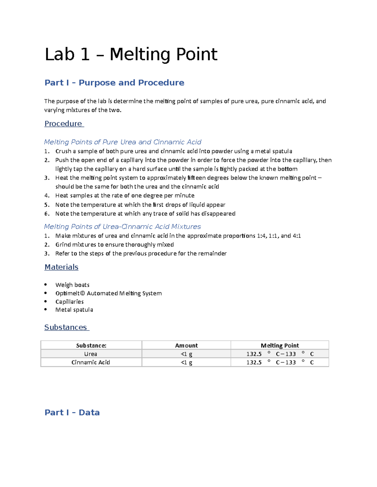 Organic Chemistry I - Melting Points Lab - Lab 1 – Melting Point Part I ...