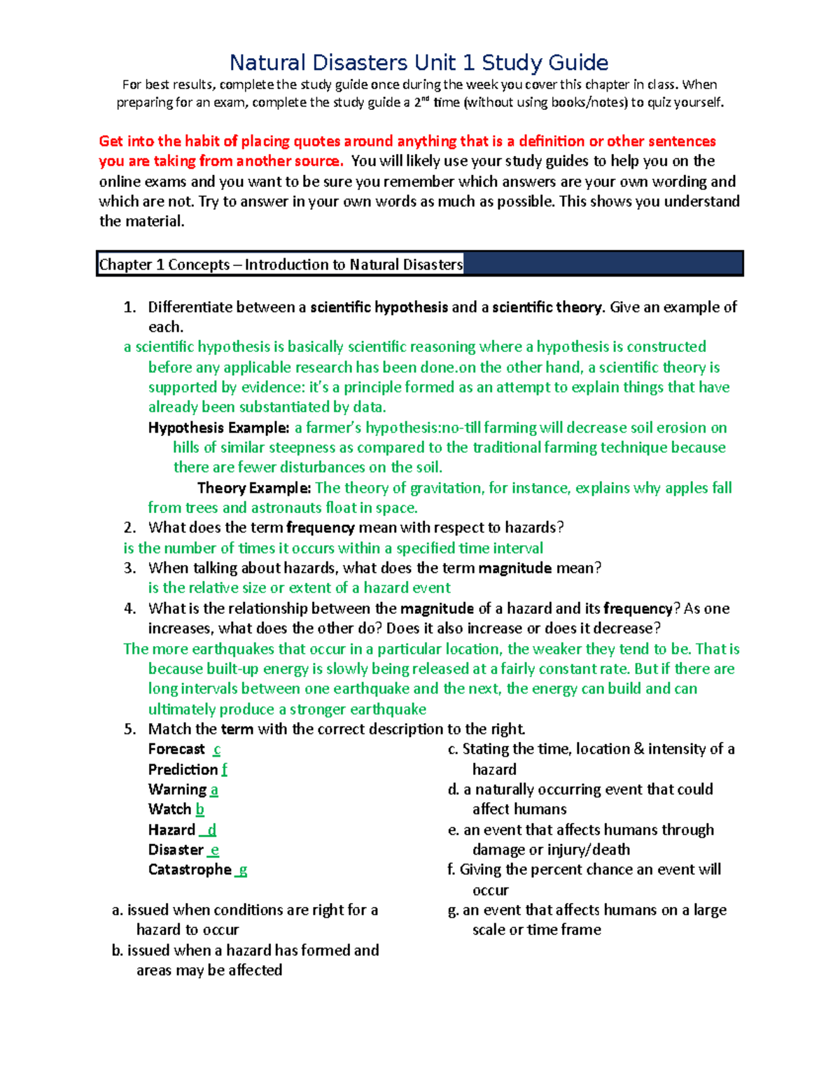 Natural Disasters Unit 1 Study Guide: Key Concepts and Definitions ...
