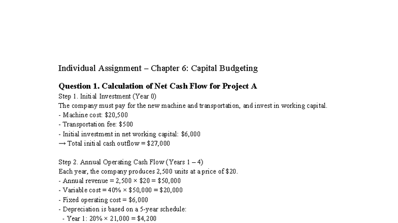 Individual Assignment 49K25.2: Chapter 6 Capital Budgeting Analysis ...