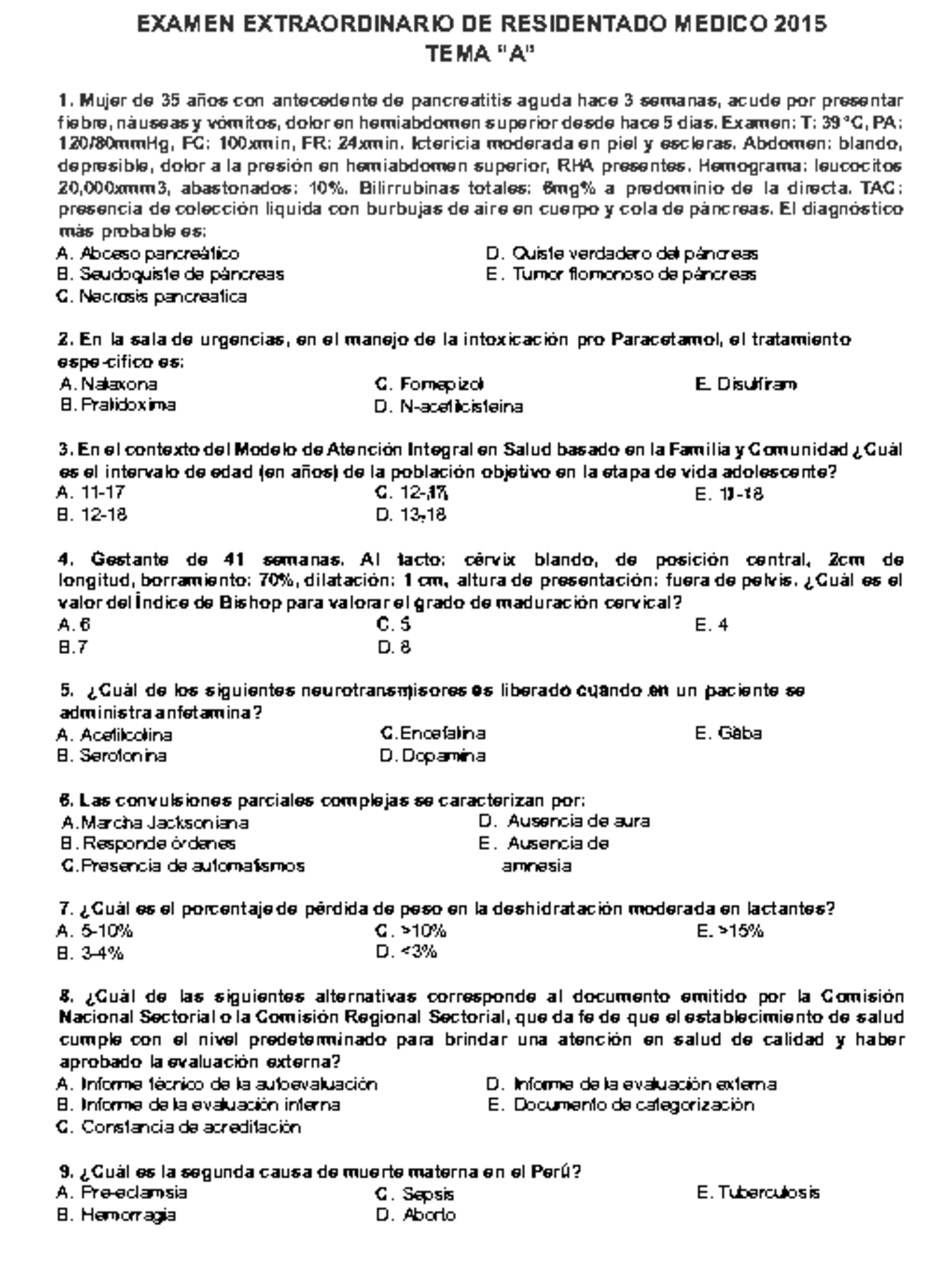 EXAMEN EXTRAORDINARIO DE RESIDENTADO MEDICO 2015 - ENARM 2015 A - Studocu