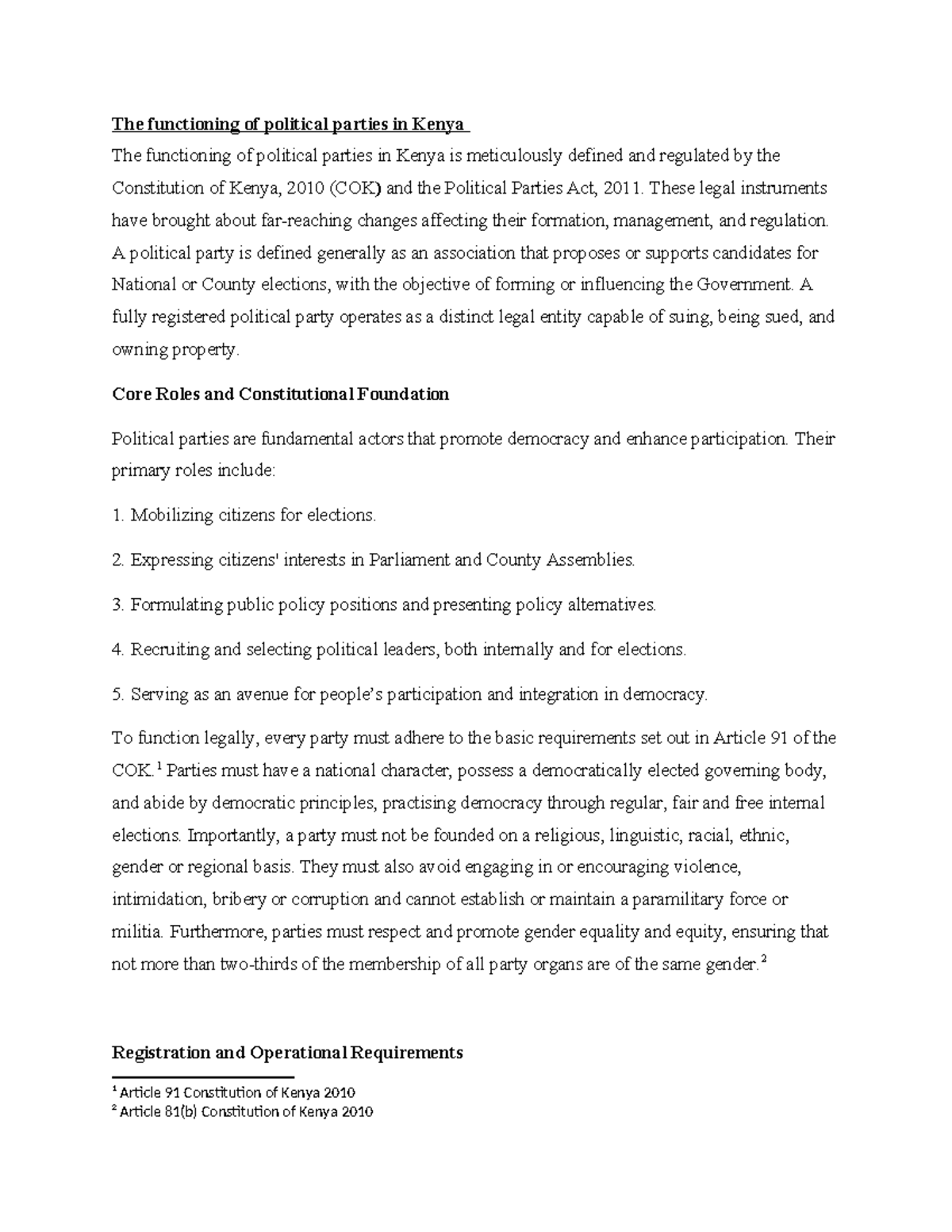 Electoral Law 102 - The Functioning of Political Parties in Kenya - Studocu