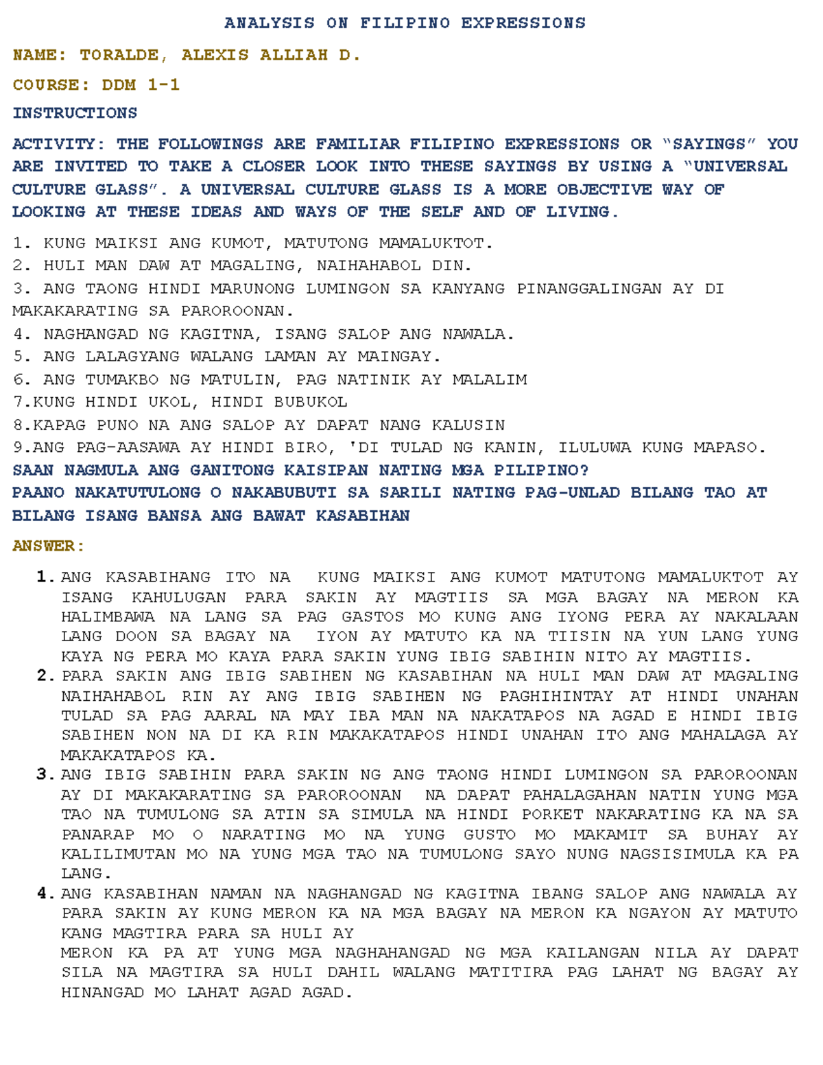 Filipino Expressions Analysis - DDM 1- by Toralde, Alexis Alliah D ...