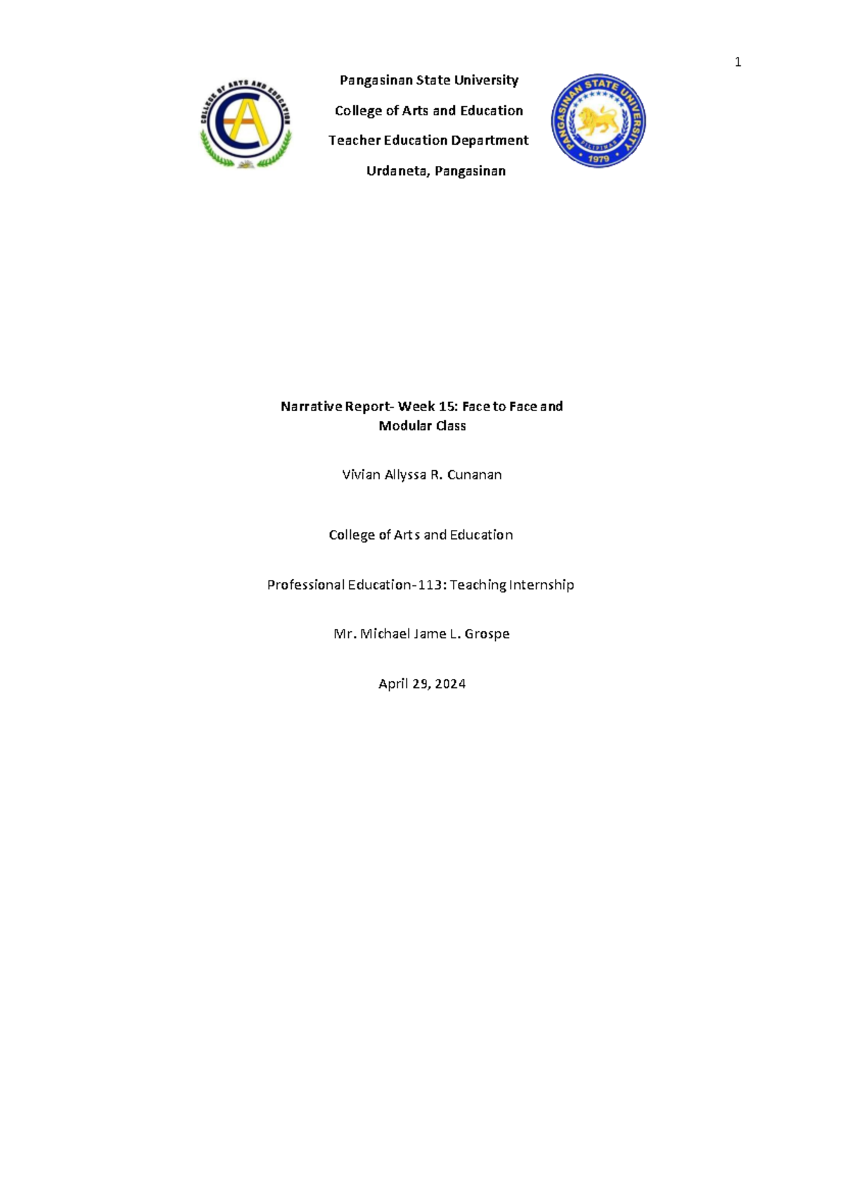 PSU CAE TE 113: Week 15 Narrative Report on Teaching Internship - Studocu