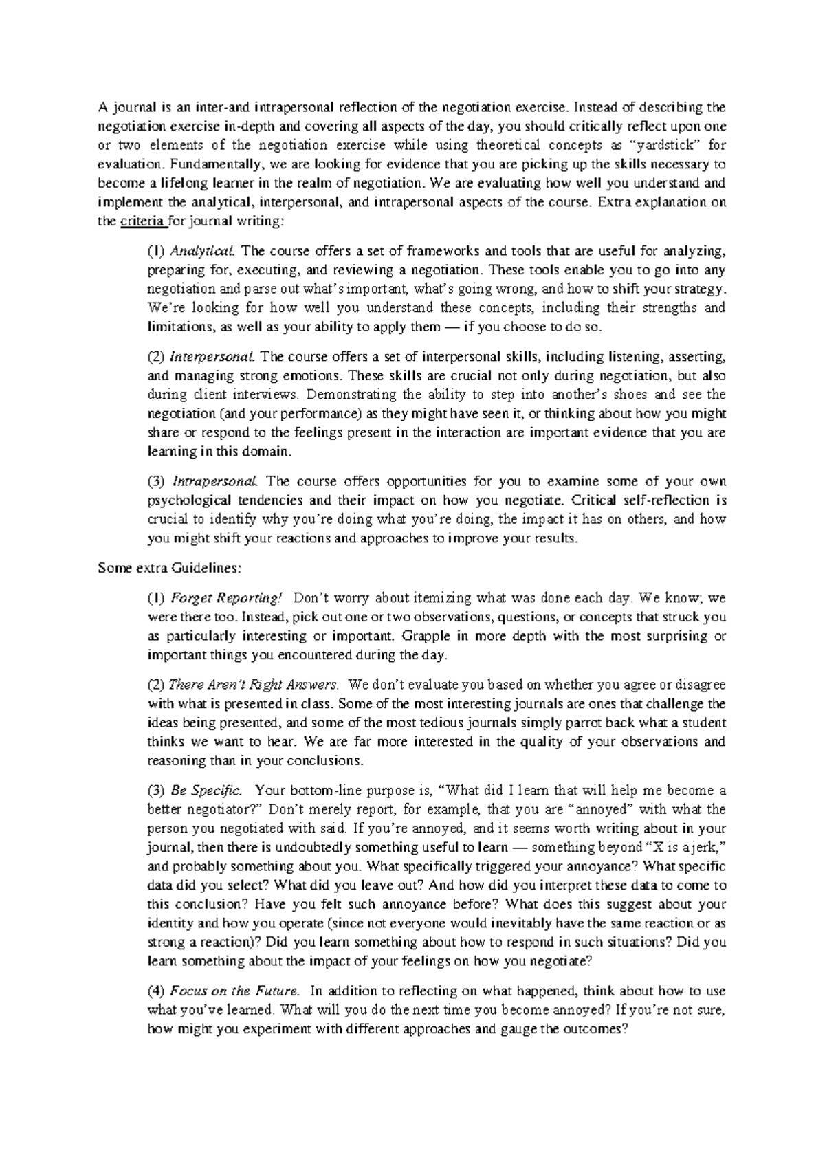 Reflective Journal Guidelines for Negotiation Exercise (Course Code ...