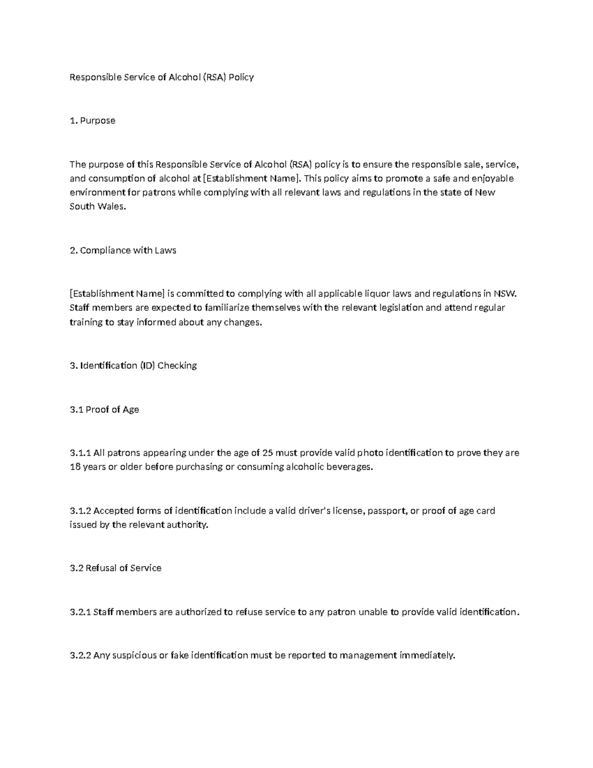RSA Policy for Responsible Alcohol Service at [Establishment Name ...