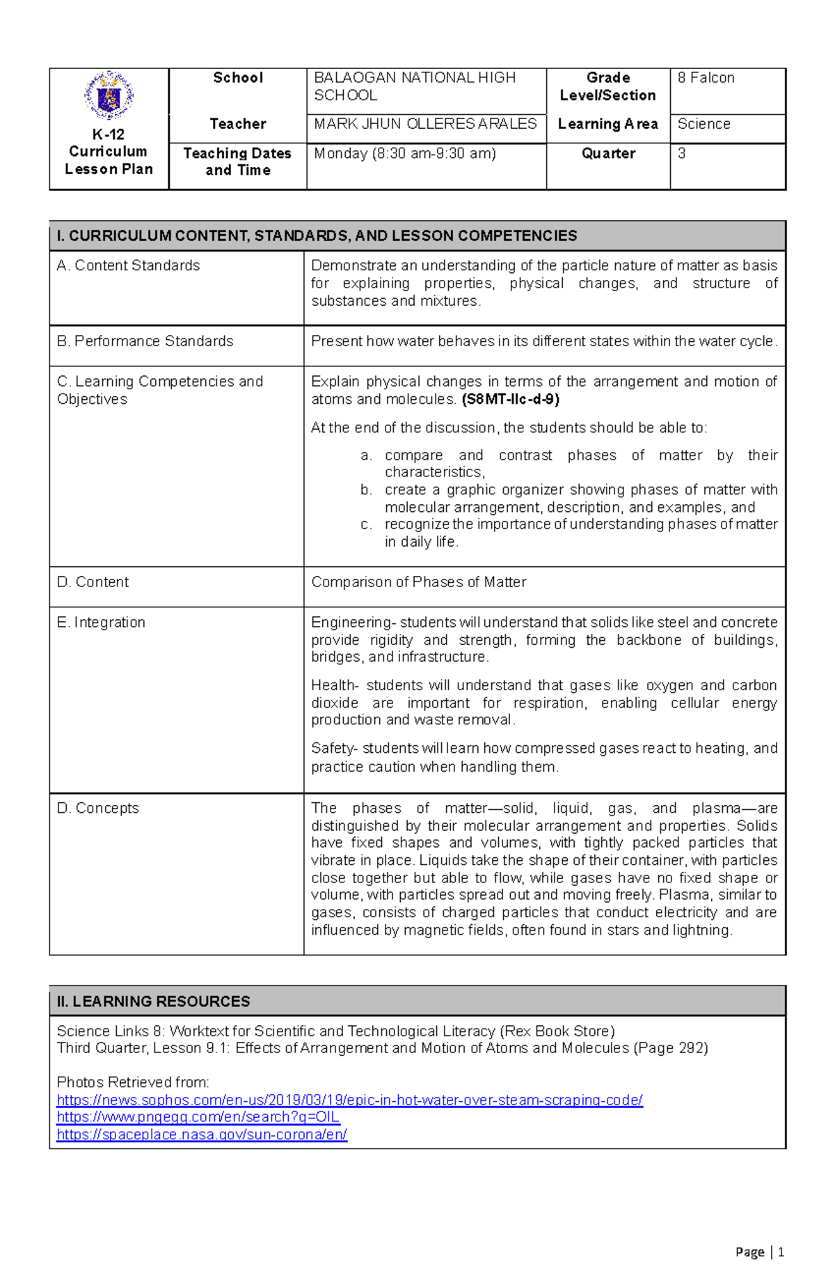 DLP 1 - Understanding Phases of Matter and Their Characteristics - Studocu