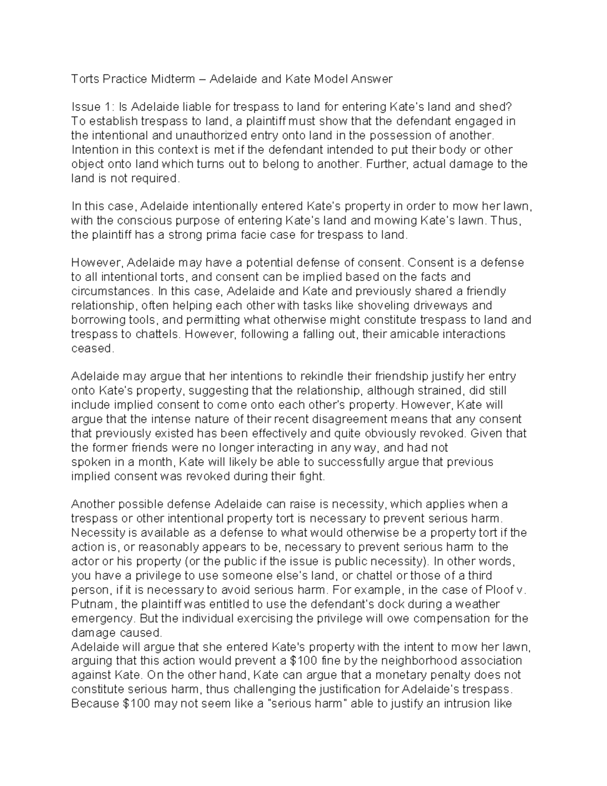 Torts Practice Midterm: Adelaide and Kate's Liability Issues Explained ...