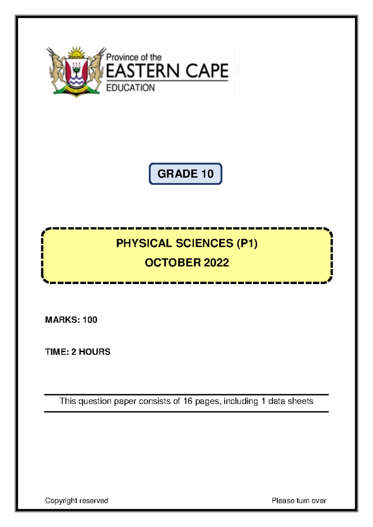 Physical Sciences P1 October 2022 Exam Paper for Grade 10 - Studocu