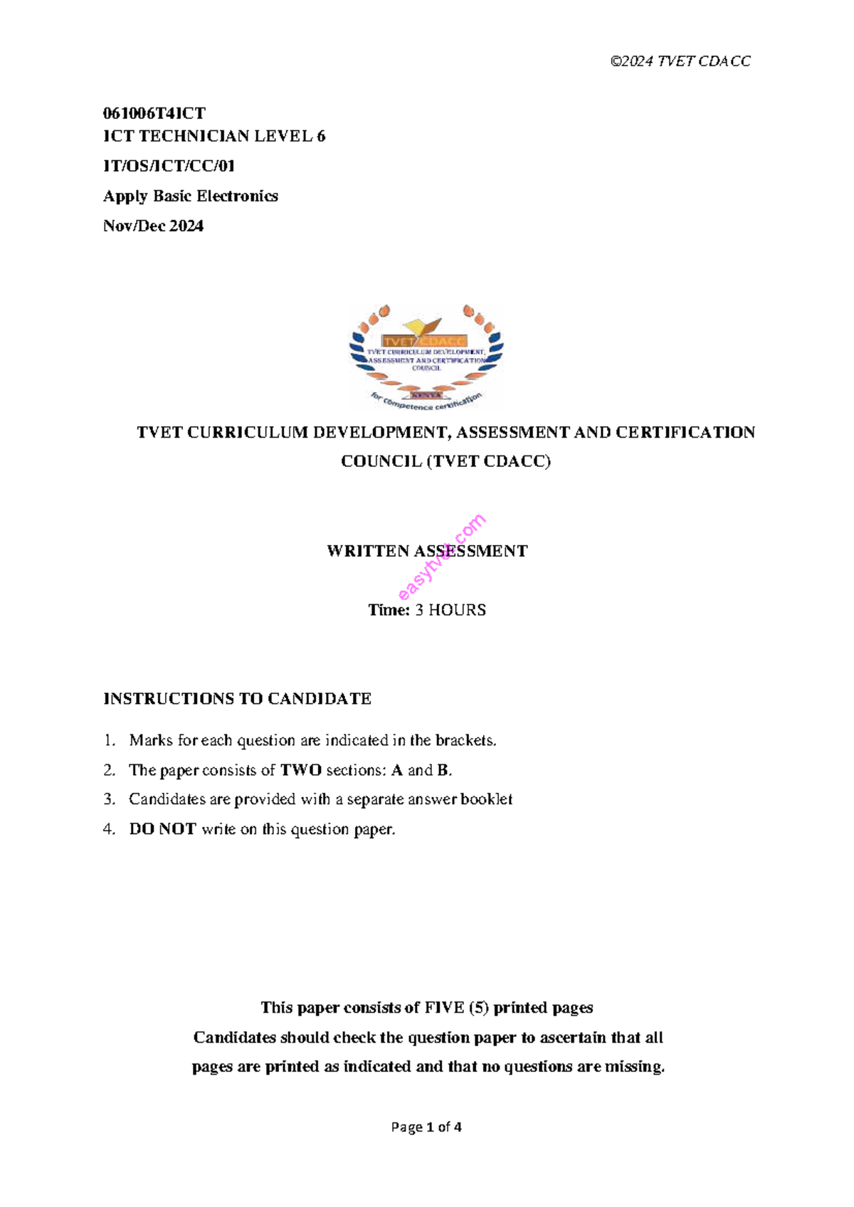 TVET CDACC 061006T4ICT ICT Technician Level 6 Basic Electronics ...