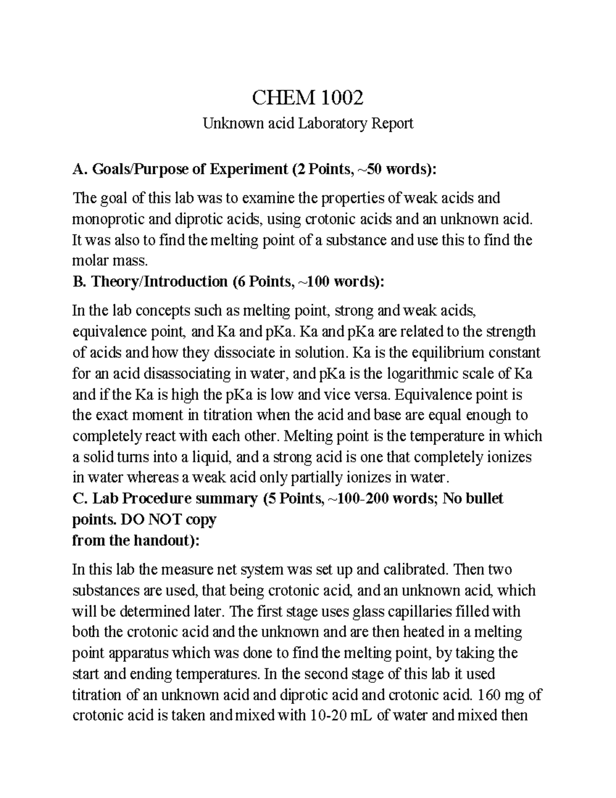 CHEM 1002 Lab Report: Properties of Weak Acids & Titration Analysis ...