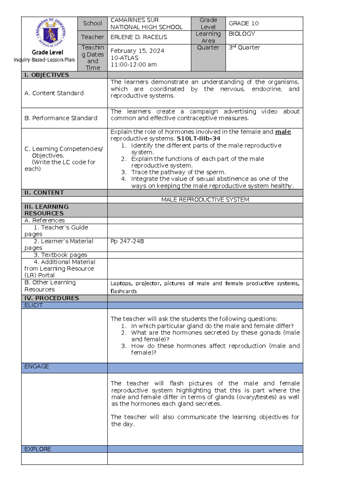Detailed Lesson Plan on Male Reproductive System for G10 Biology - Studocu