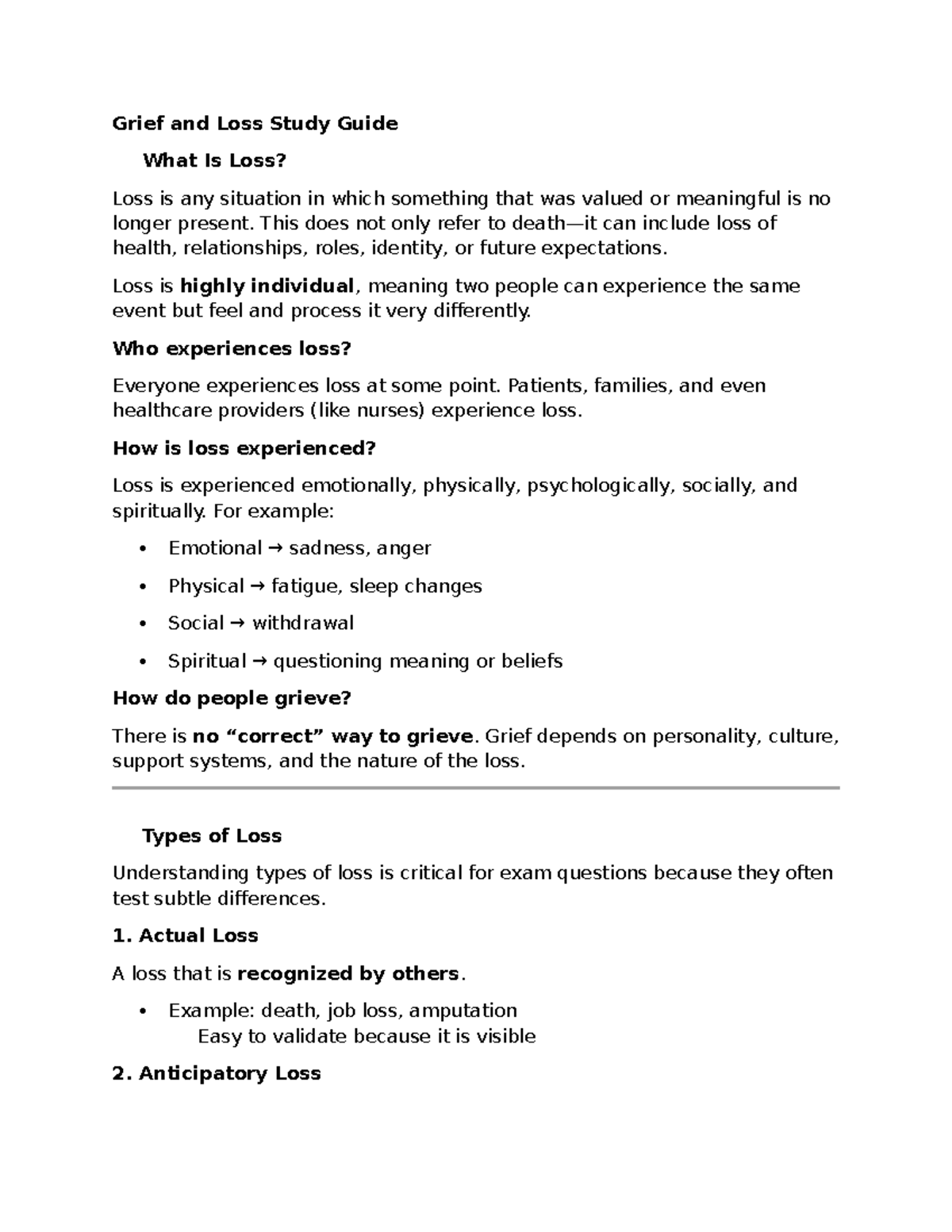 Grief and Loss Study Guide: Understanding Types and Experiences - Studocu
