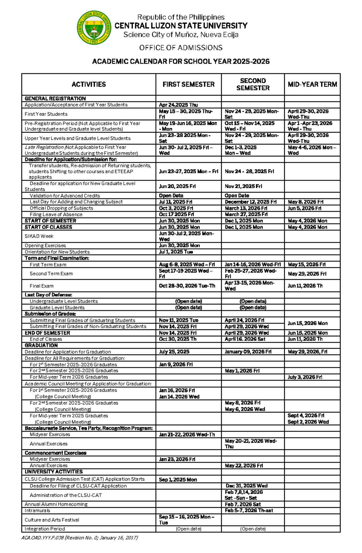 Approved Academic Calendar for SY 2025-26 (CLSU) - Studocu