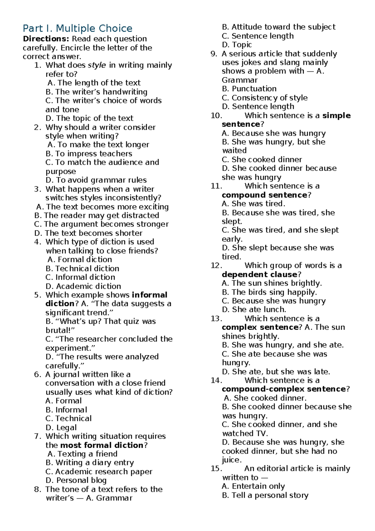 English 8 Worksheet: Style, Diction, & Sentence Structure Quiz - Studocu