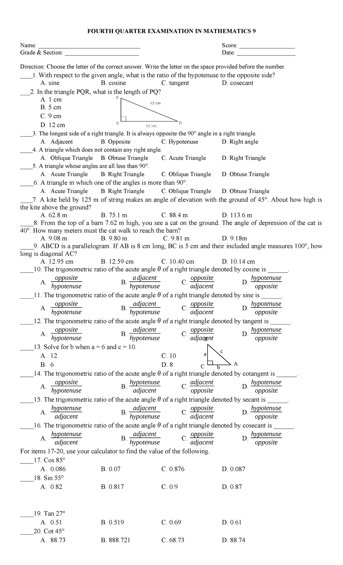 446887810 Mathematics 9 4th quarter - FOURTH QUARTER EXAMINATION IN ...