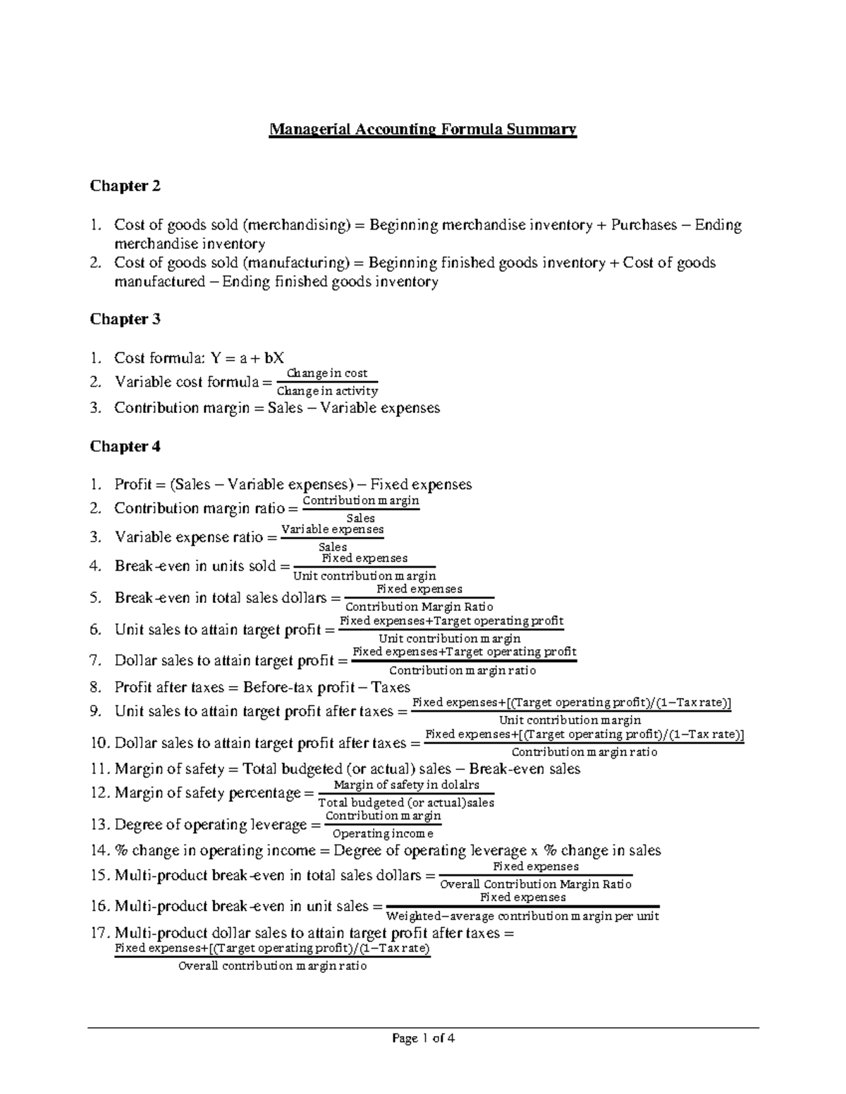 ACCT2230 Managerial Accounting Formula Summary Guide - Studocu