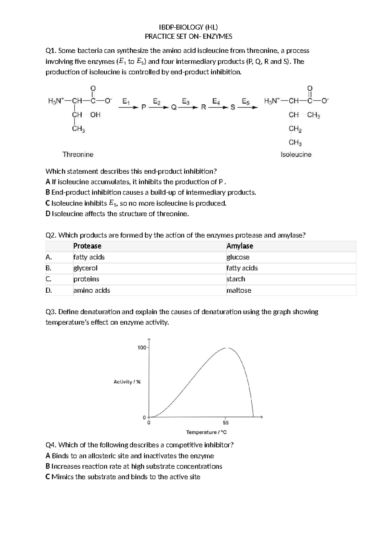 (HL) PRACTICE SET ON ENZYMES: KEY CONCEPTS AND QUESTIONS - Studocu