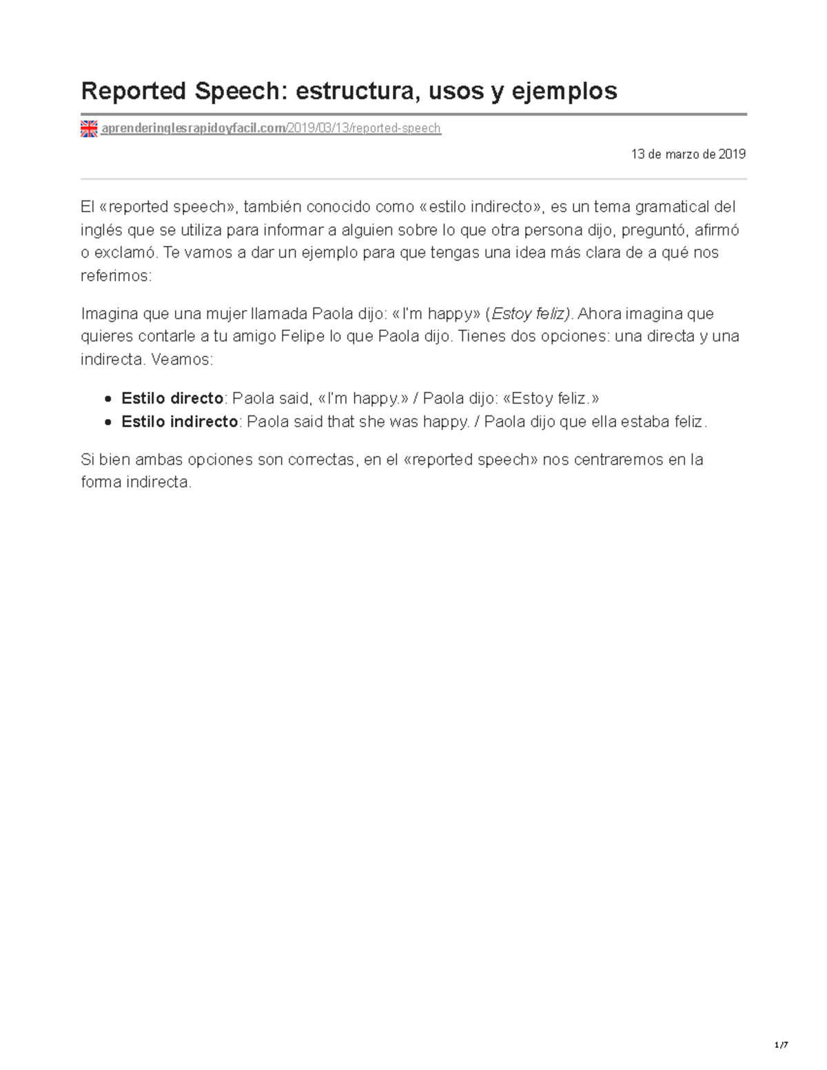 Reported Speech: Estructura, Usos y Ejemplos (Inglés) - Studocu