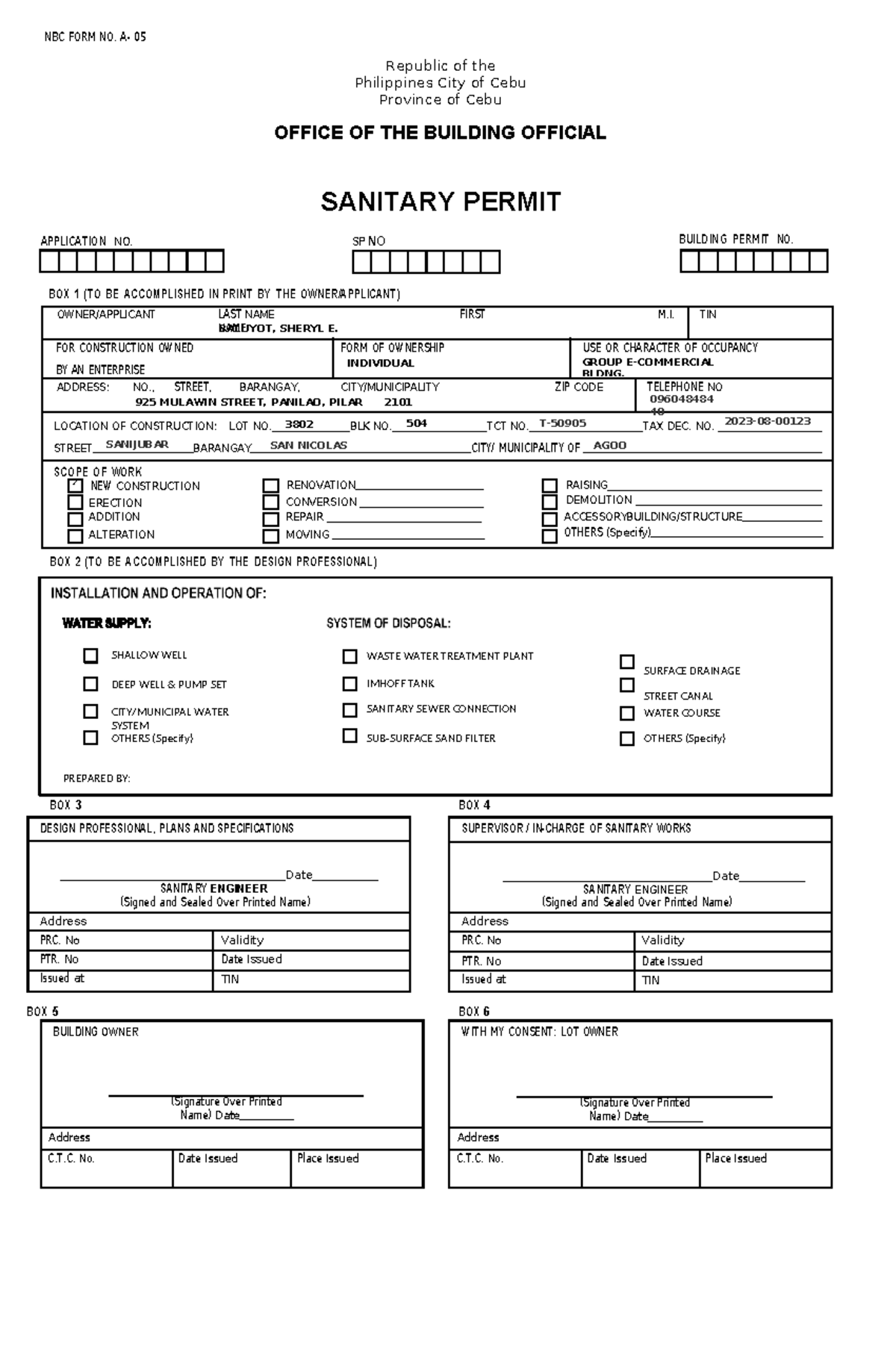 Sanitary Permit Application - NBC FORM NO. 05 by Baluyot, Krystyle - Studocu