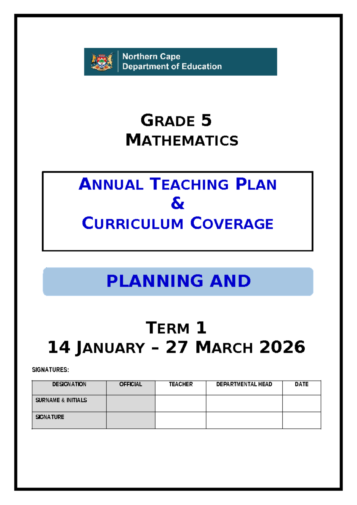 GRADE 5 MATHEMATICS TERM 1 ANNUAL TEACHING PLAN 2026 - Studocu