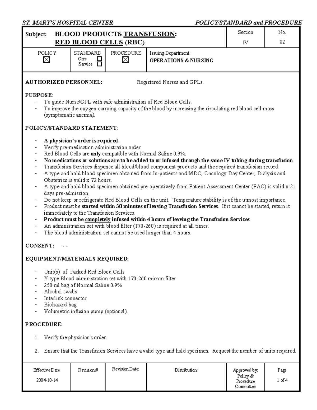 Blood Products Transfusion Policy: Red Blood Cells (RBC) Guidelines ...