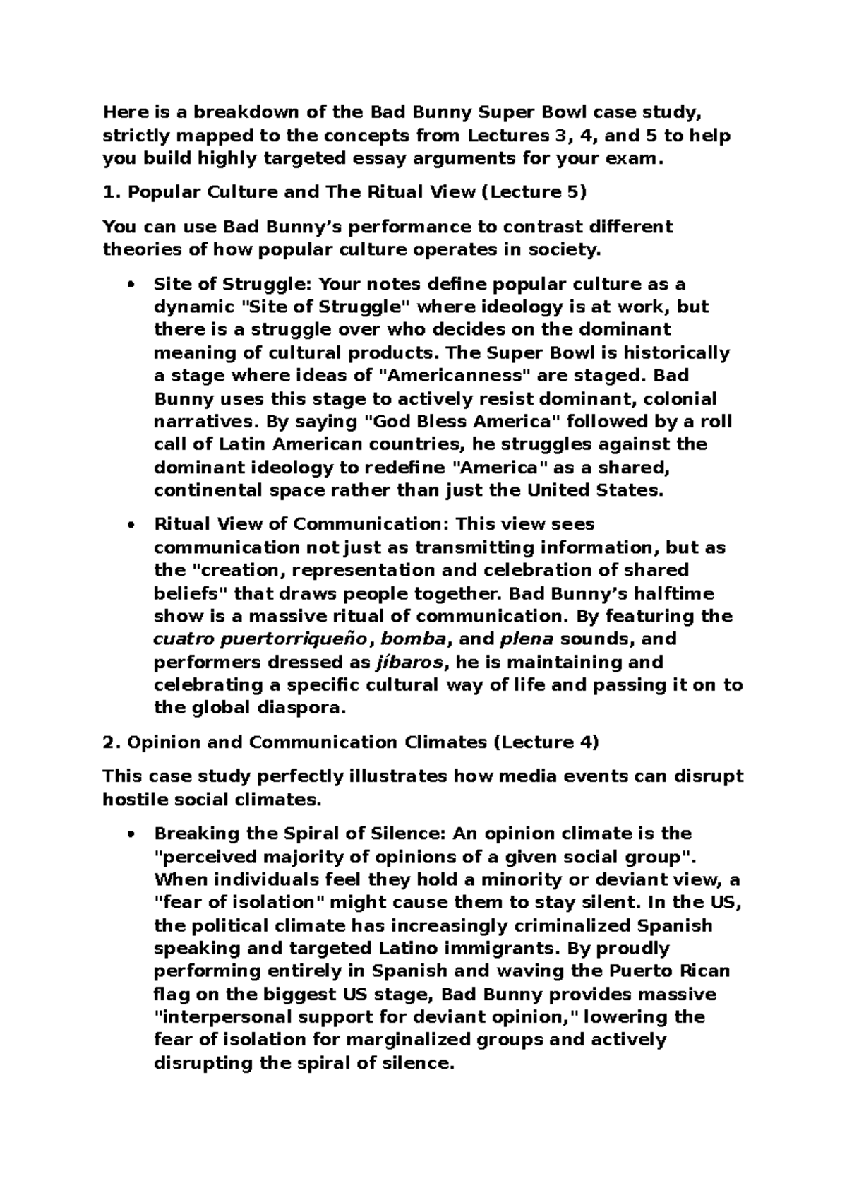 Case Study Notes: Bad Bunny's Super Bowl Performance (Lectures 3-5 ...