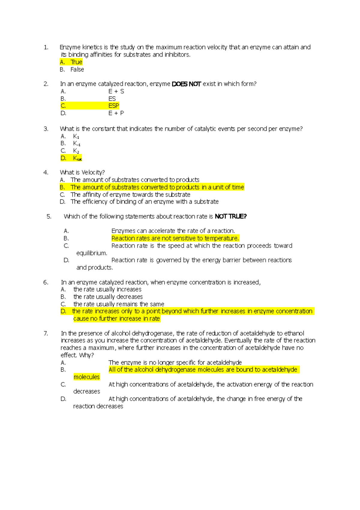 Biochemistry Practice 7: Enzyme Kinetics Review Questions - Studocu