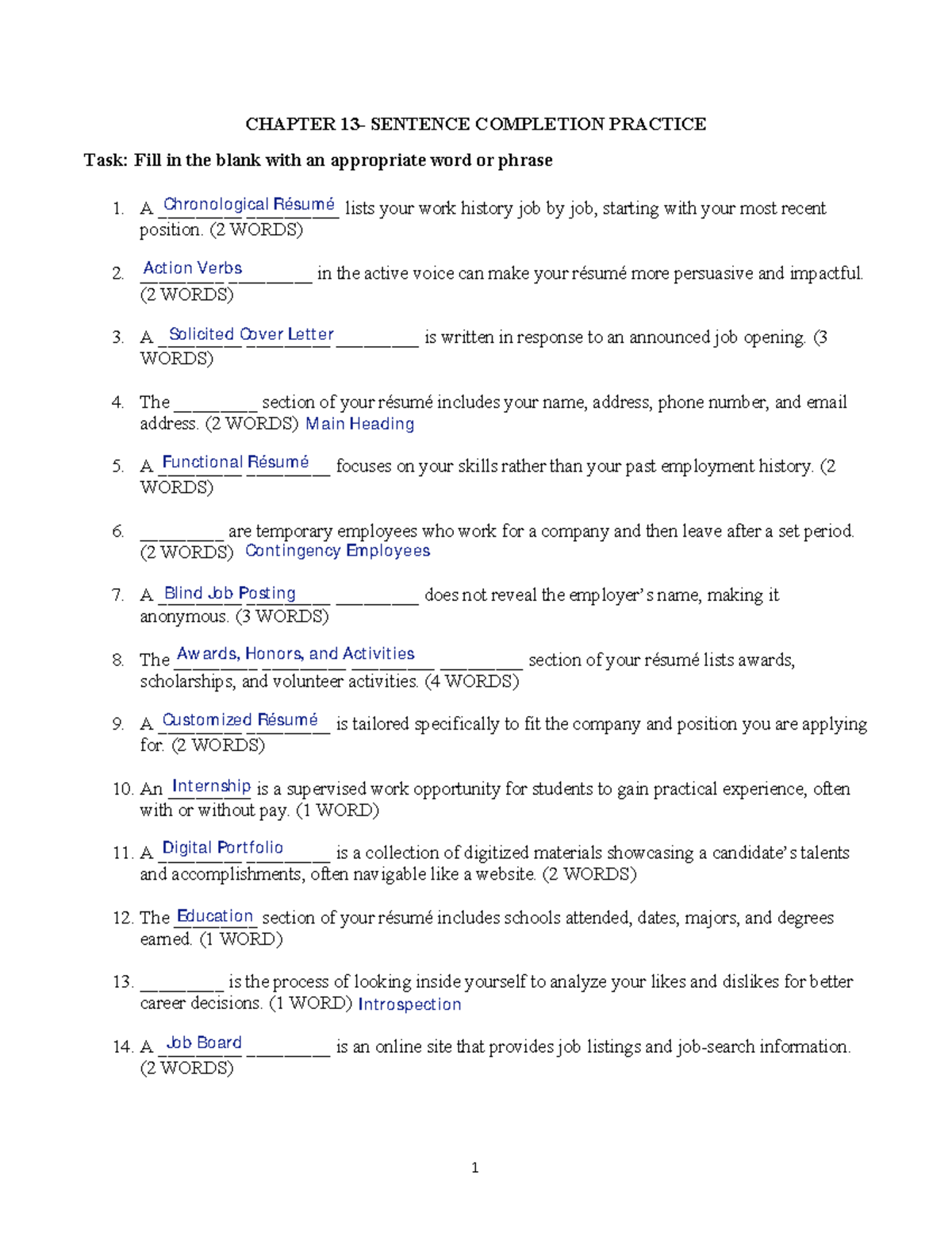 CH13 Sentence Completion Practice for Résumé Writing - Studocu