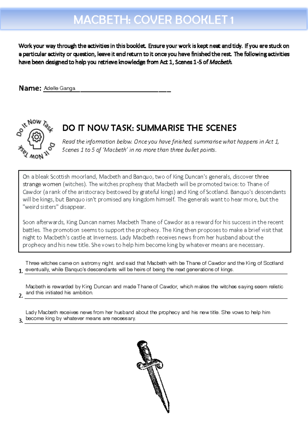 MACBETH (ENG 101): ACT I STUDY PACKET & SCENE SUMMARIES - Studocu