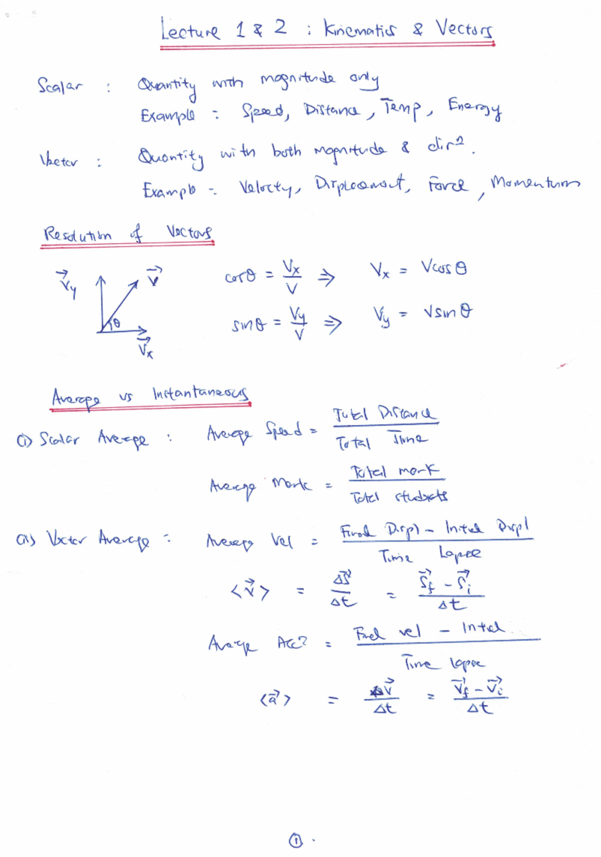 Lecture 1 & 2 Summary - kinematic and vectors - Lecture : Kinematics ...