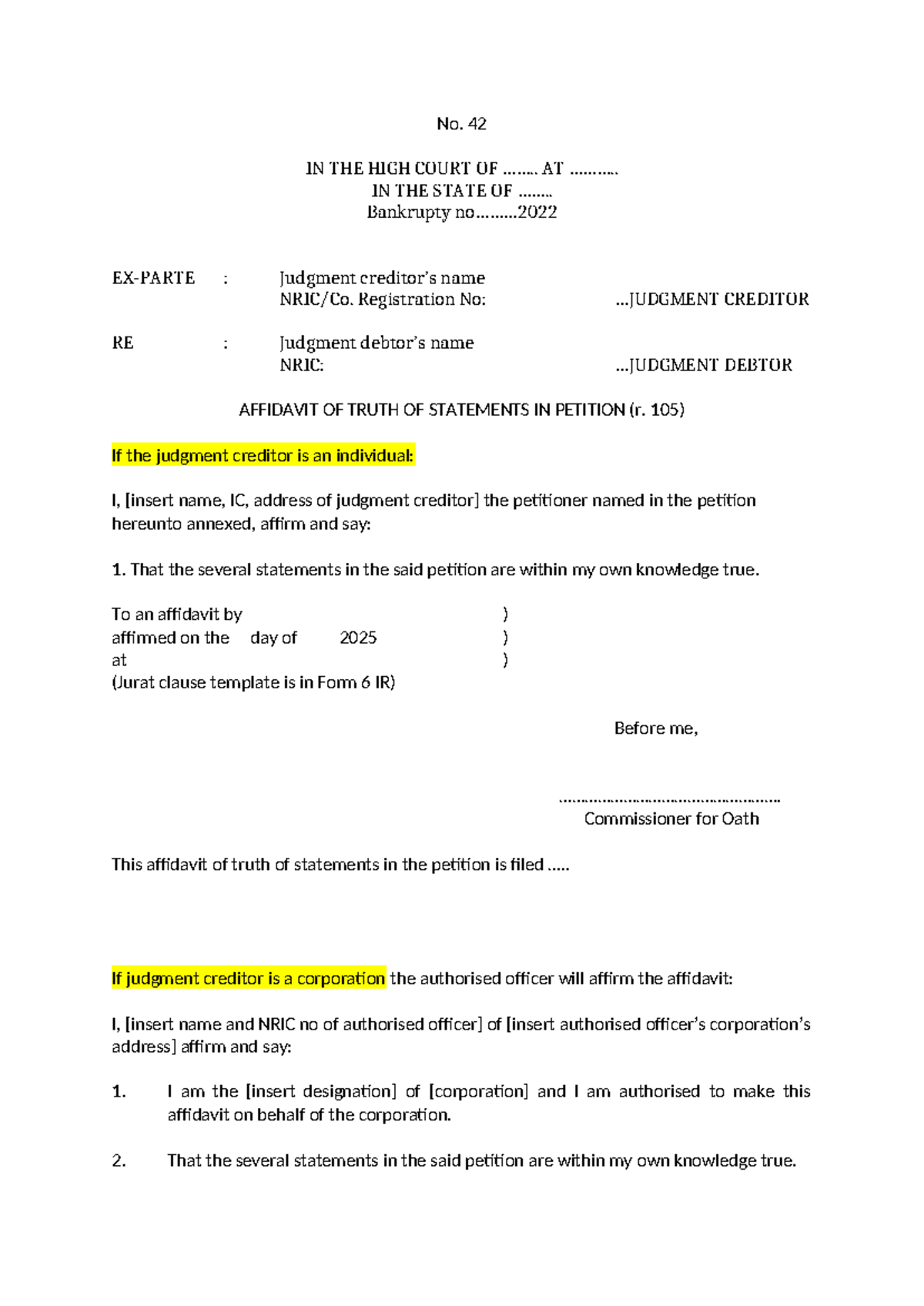 Form 42 Affidavit verifying the petition - No. 42 IN THE HIGH COURT OF ...