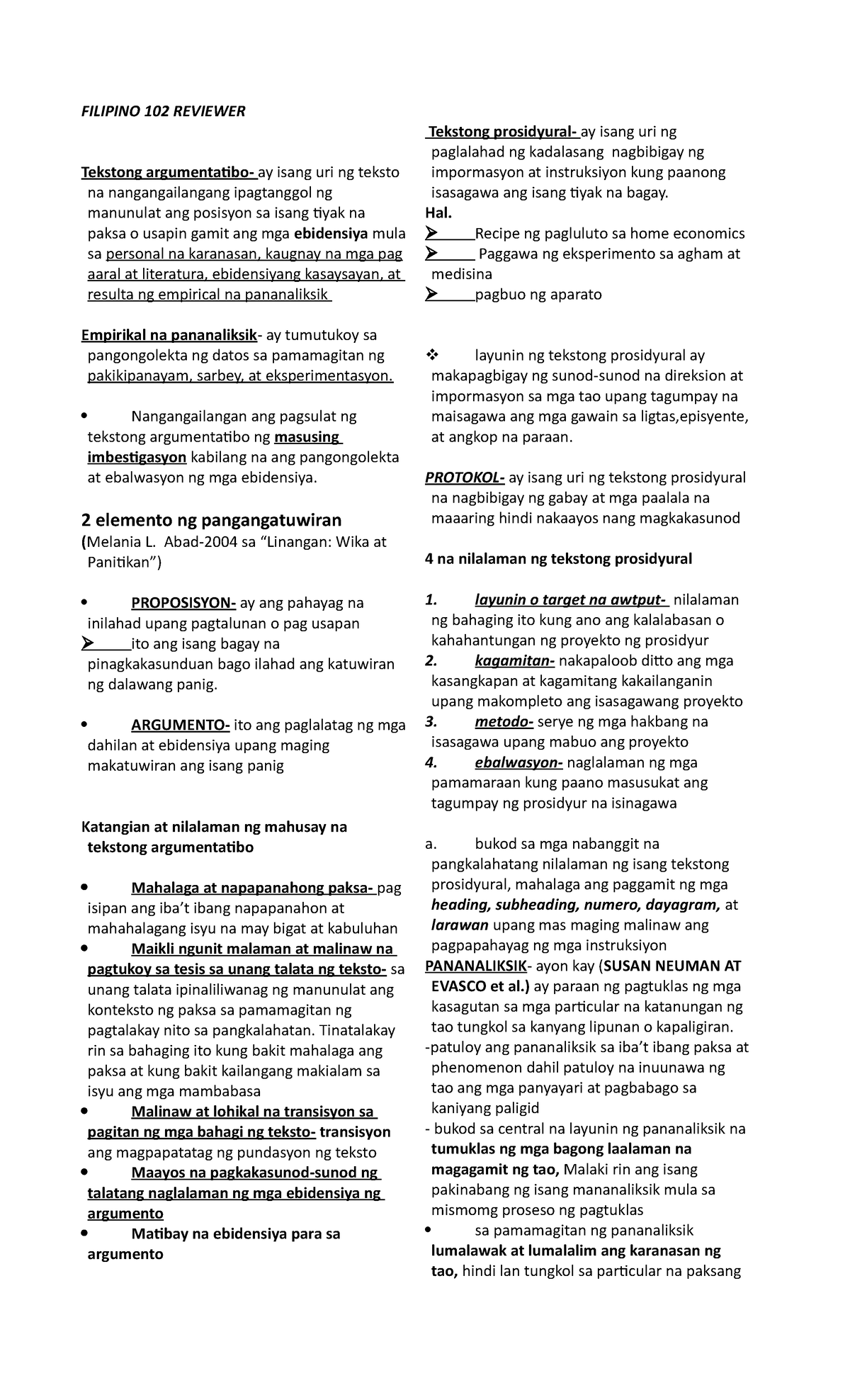 Filipino 102 Reviewer - FILIPINO 102 REVIEWER Tekstong argumentatibo ...