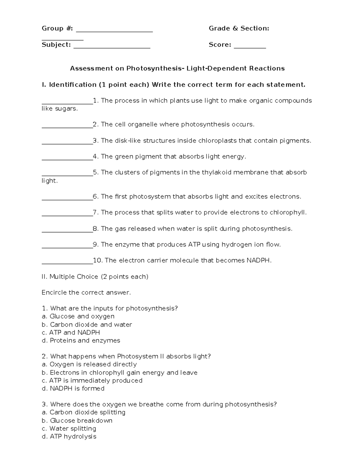 Photosynthesis Worksheet: Assessment on Reactions (Grade Section) - Studocu