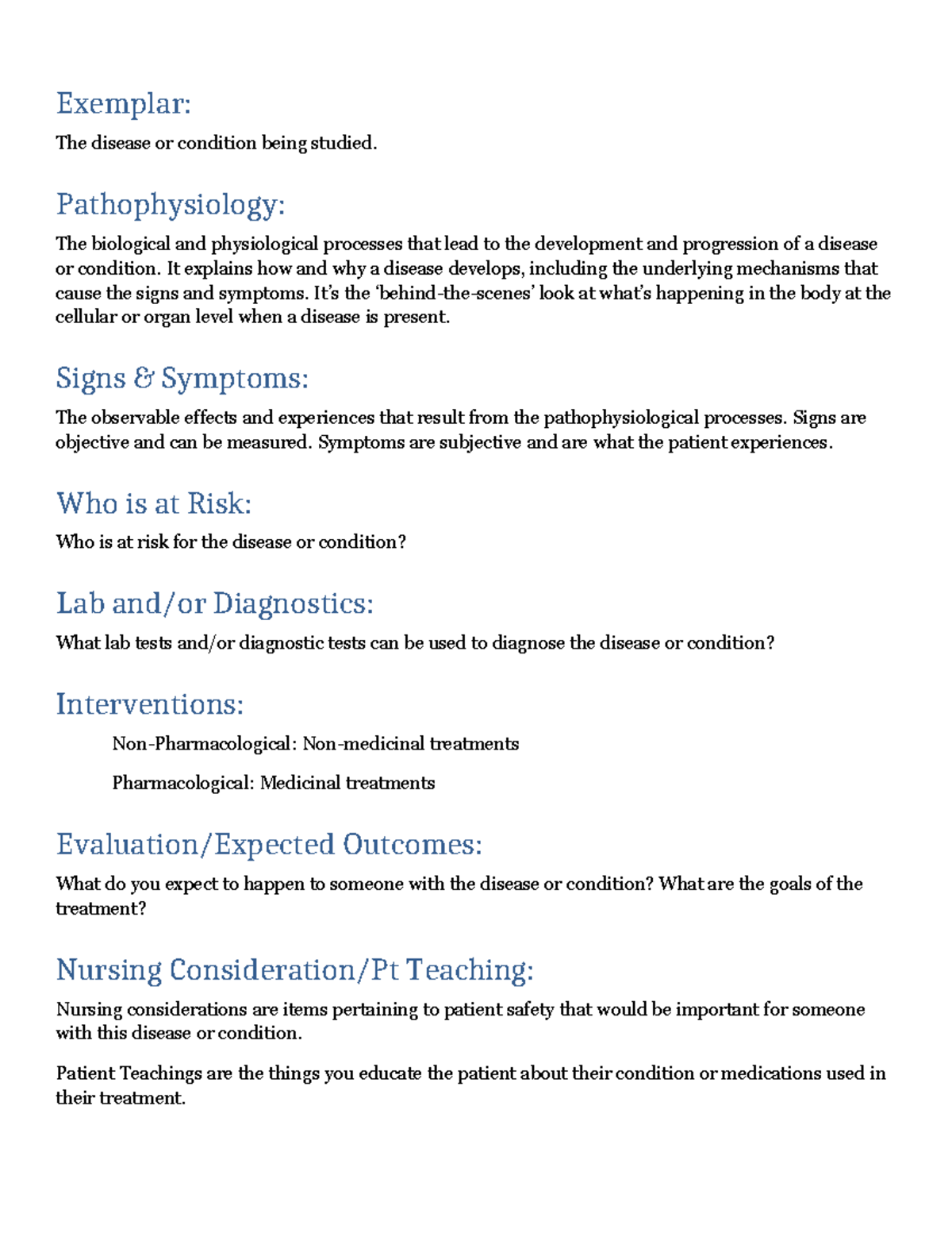 Exemplar Worksheet Example - Exemplar: The disease or condition being ...