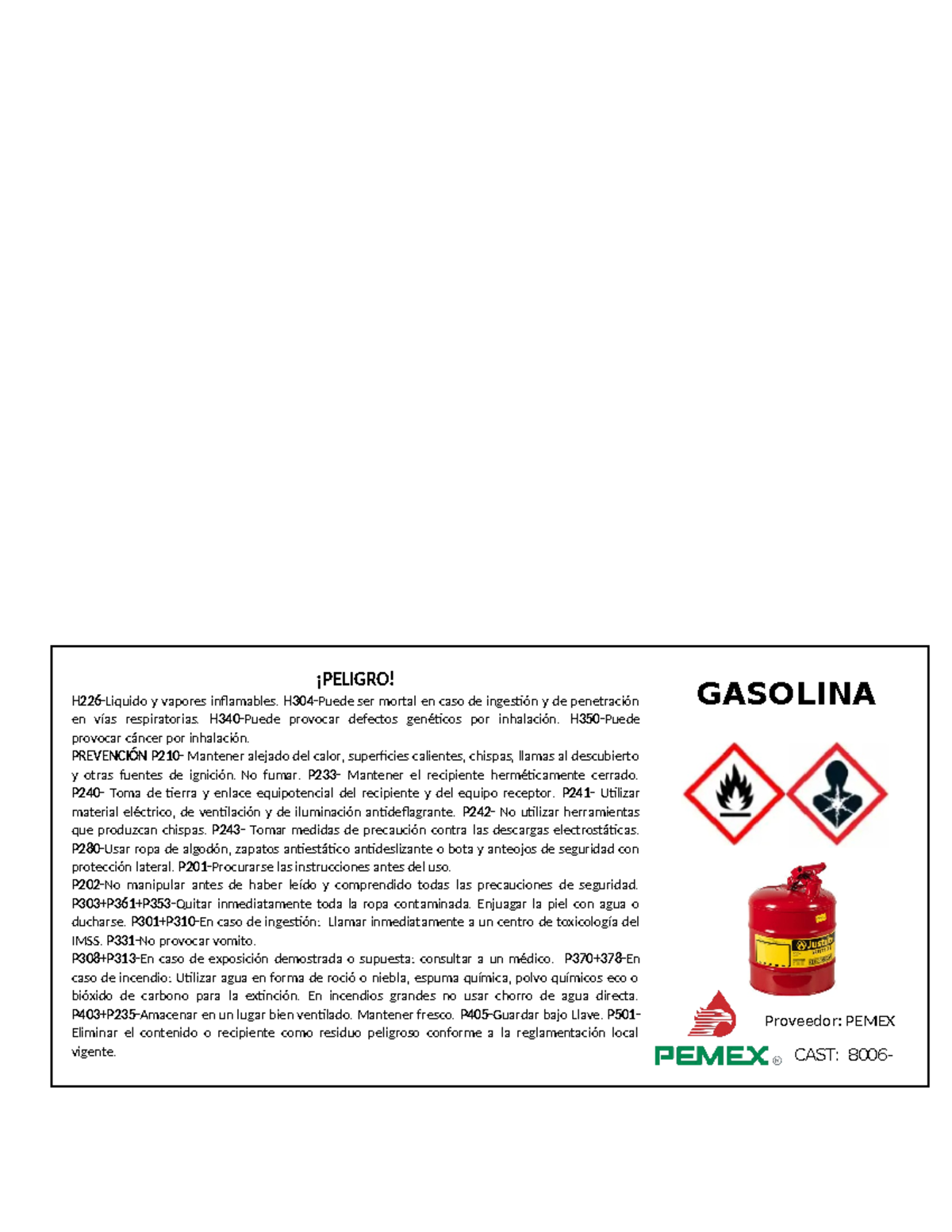 Gasolina - pictograma - Proveedor: PEMEX ¡PELIGRO! H226-Liquido y ...