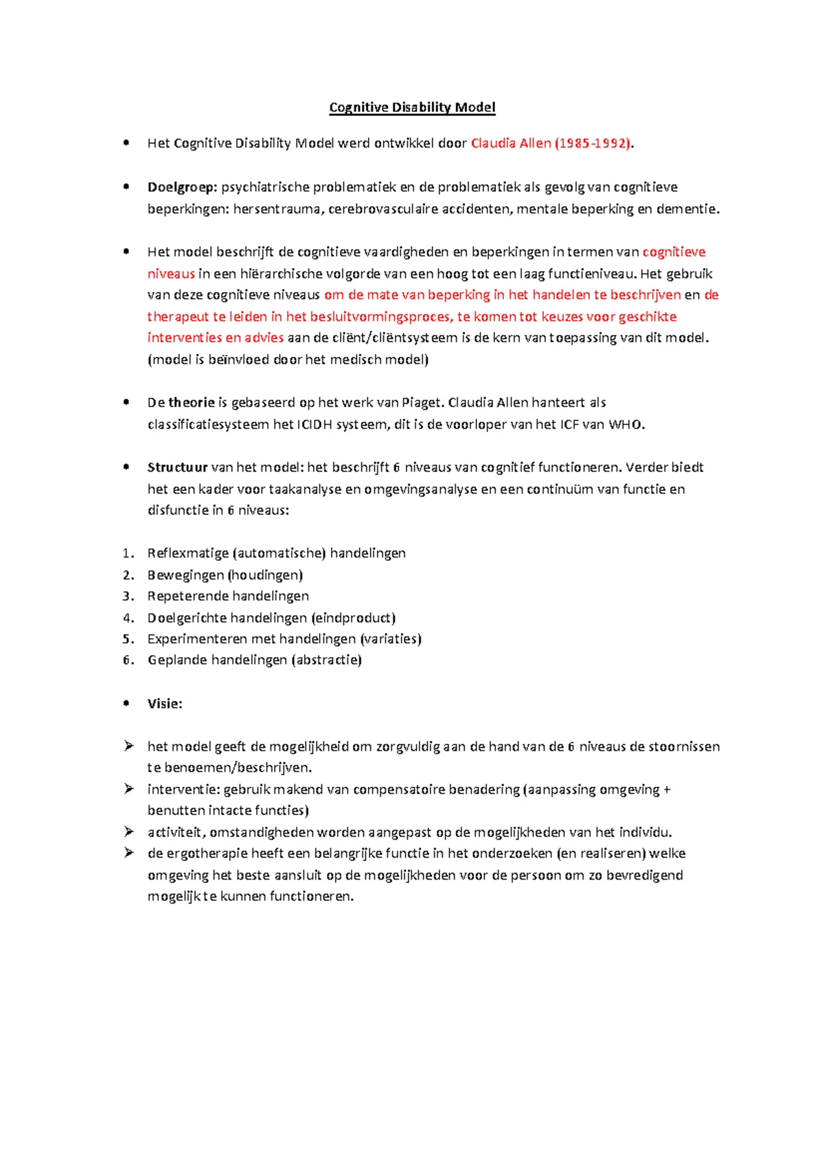 Samenvatting van het Cognitive Disability Model: Klinisch Redeneren ...