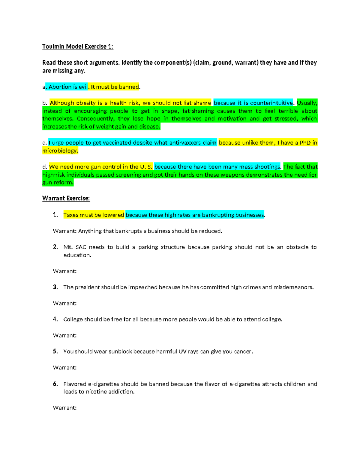 Toulmin Model Exercises 1 And 2 For Critical Thinking Course Code Ct101