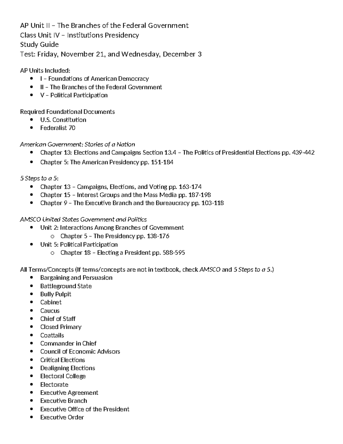 AP US Gov Unit IV Study Guide: The Presidency & Elections - Studocu