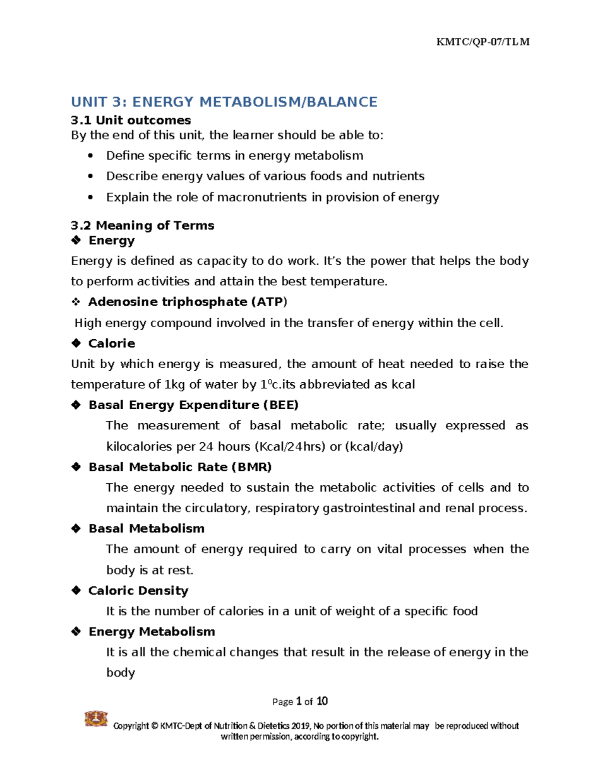Energy - UNIT 3: ENERGY METABOLISM/BALANCE 3 Unit outcomes By the end ...